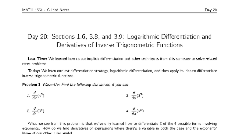 MATH 1551 Guided Notes: Day 20 - Logarithmic Differentiation & Inverse ...