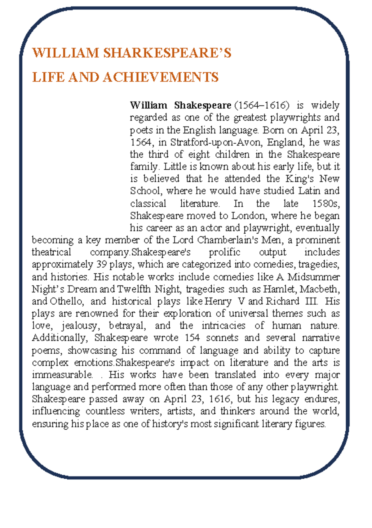 WILLIAM SHAKESPEARE: LIFE, WORKS & LEGACY (ENG 101) - Studocu