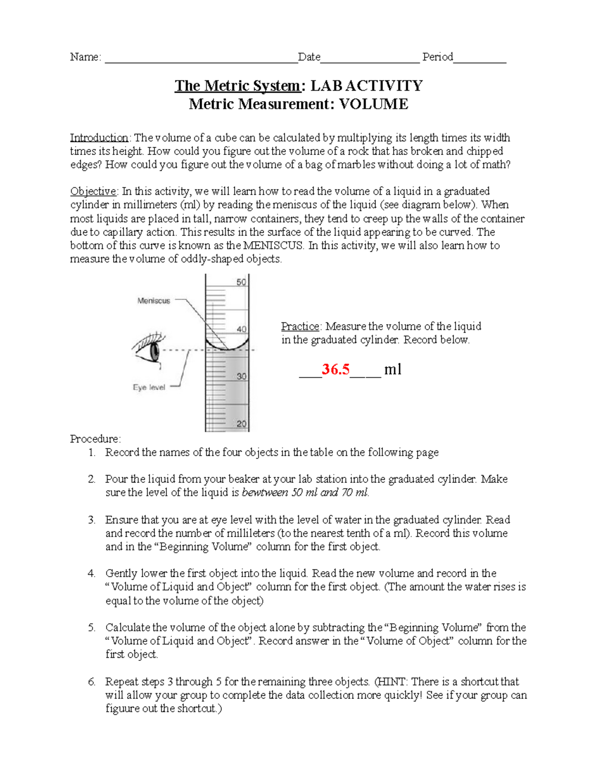 Metric System measuring - Volume Lab - KEY - Name: _______Date Period ...