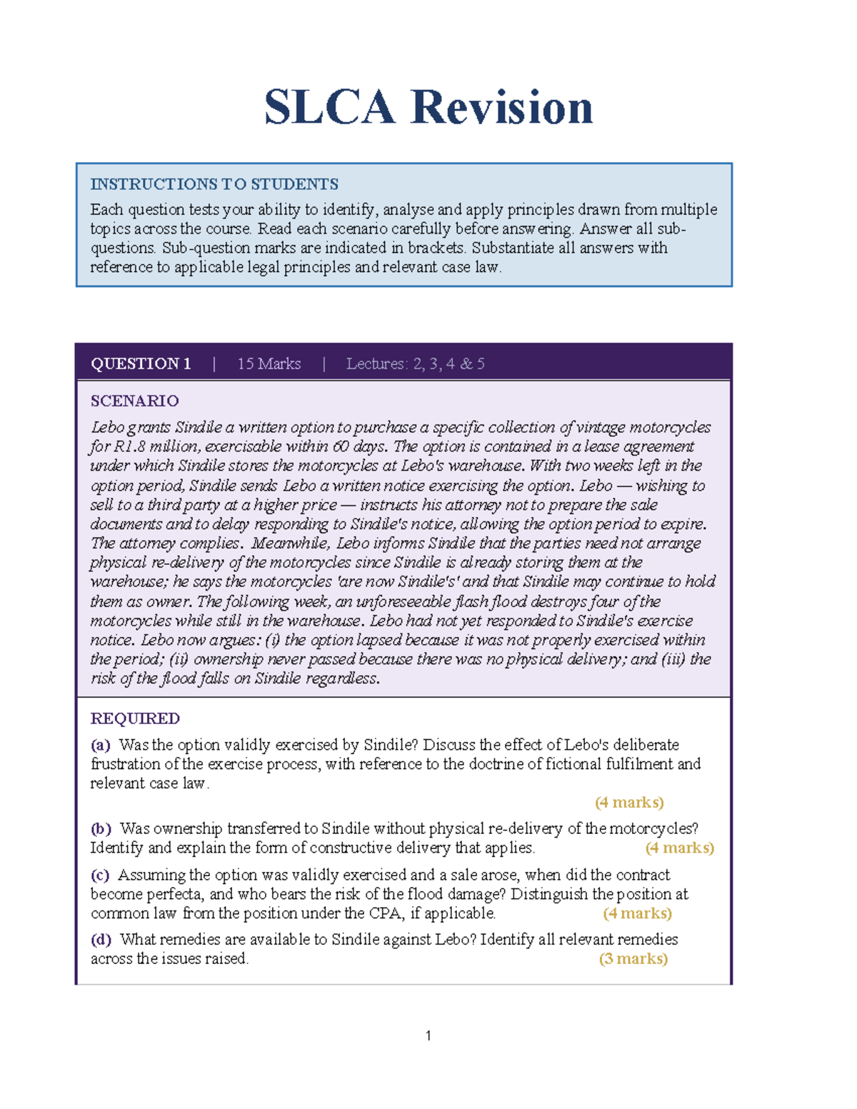 SLCA Test 1 - Revision Questions and Scenarios Analysis - Studocu