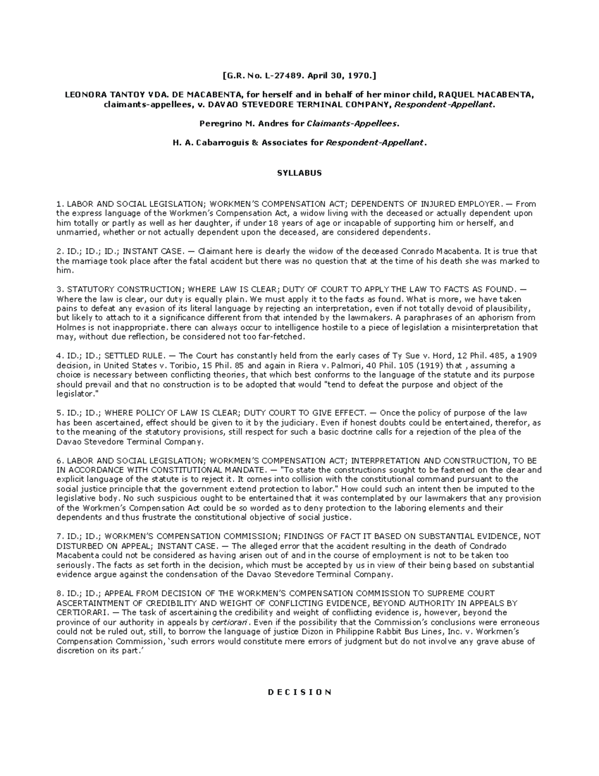 G.R. No. L-27489: Workmen's Compensation Act & Widow's Dependence - Studocu