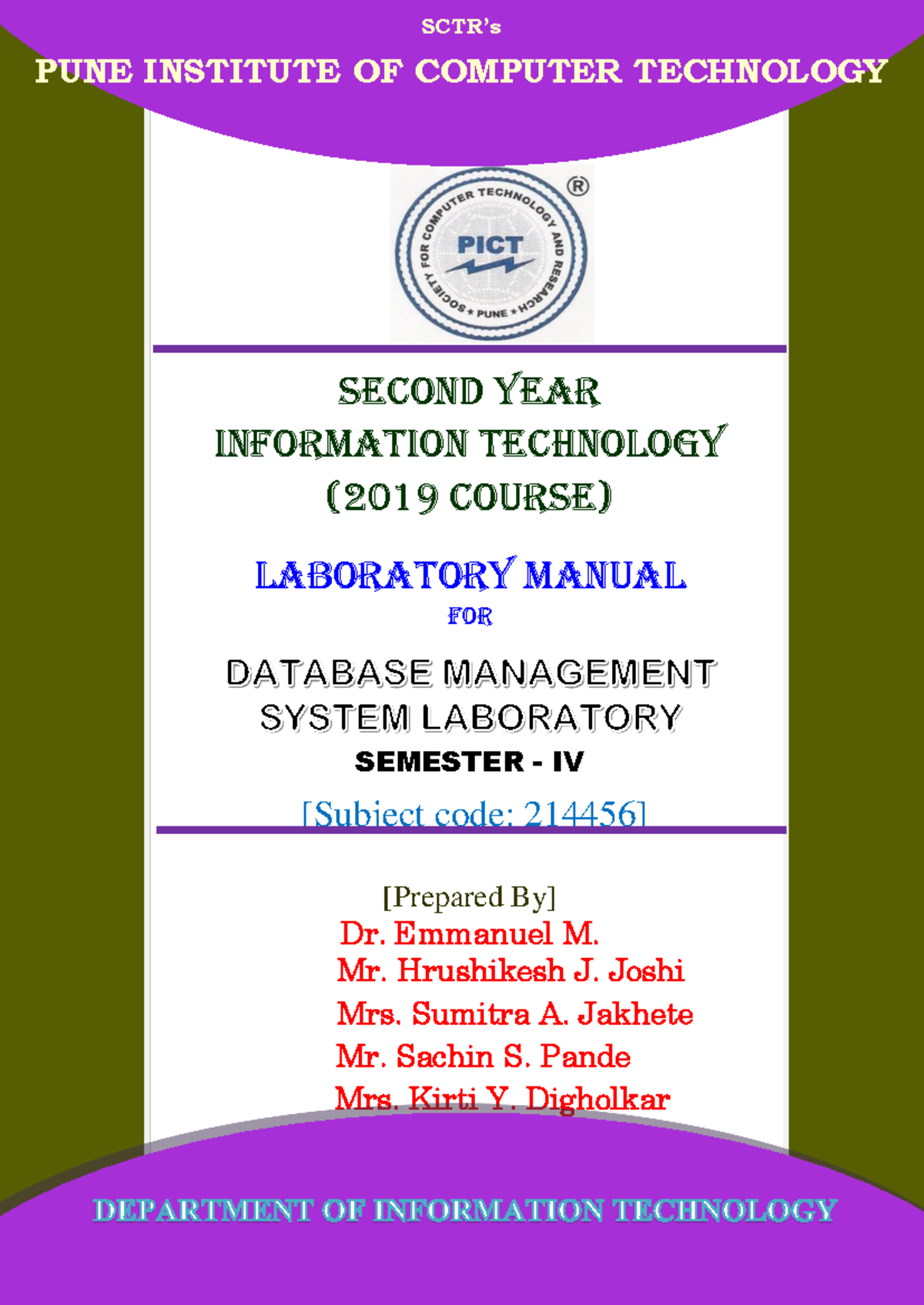 Database Management Systems Lab Manual for SE-IT [214456] - 2nd Year ...