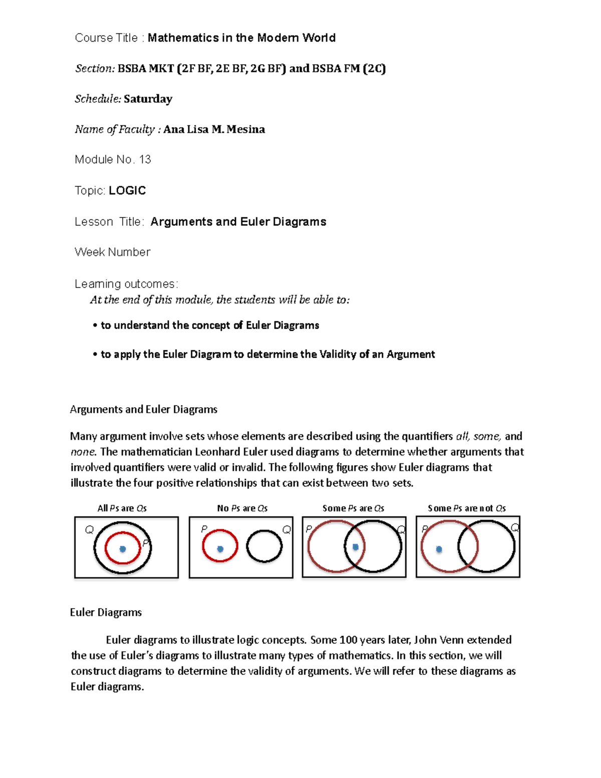 Module 13 - Logic: Understanding Arguments & Euler Diagrams - Studocu