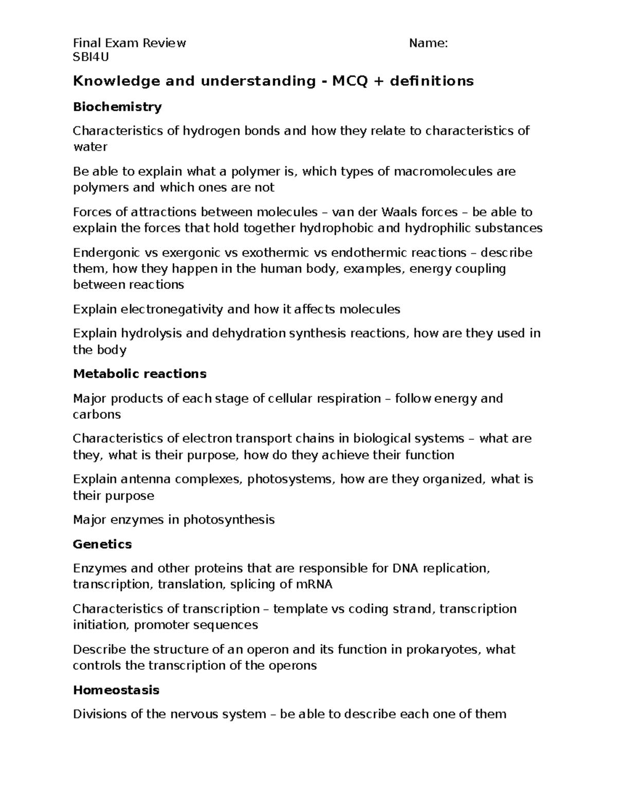 SBI4U Final Exam Review: Key Concepts in Biochemistry & Genetics - Studocu