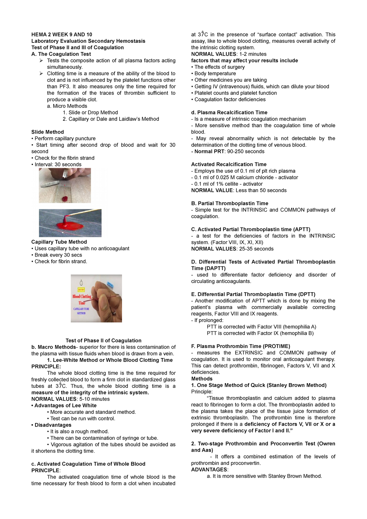HEMA 2 WEEK 9-10 - Comprehensive Lecture Notes on Coagulation - Studocu