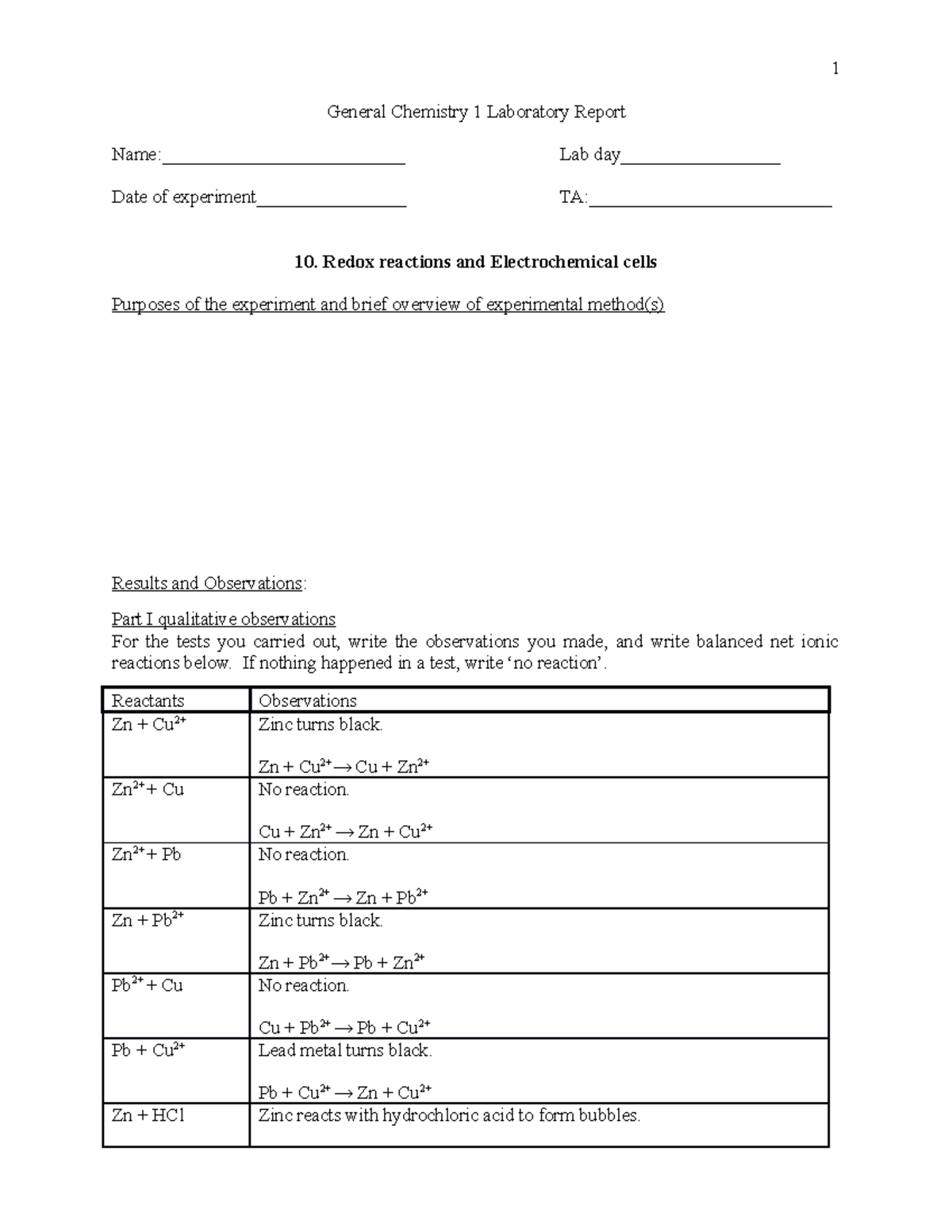 Lab Report Ex 10 Redox Reactions & Electrochemical cells - General ...