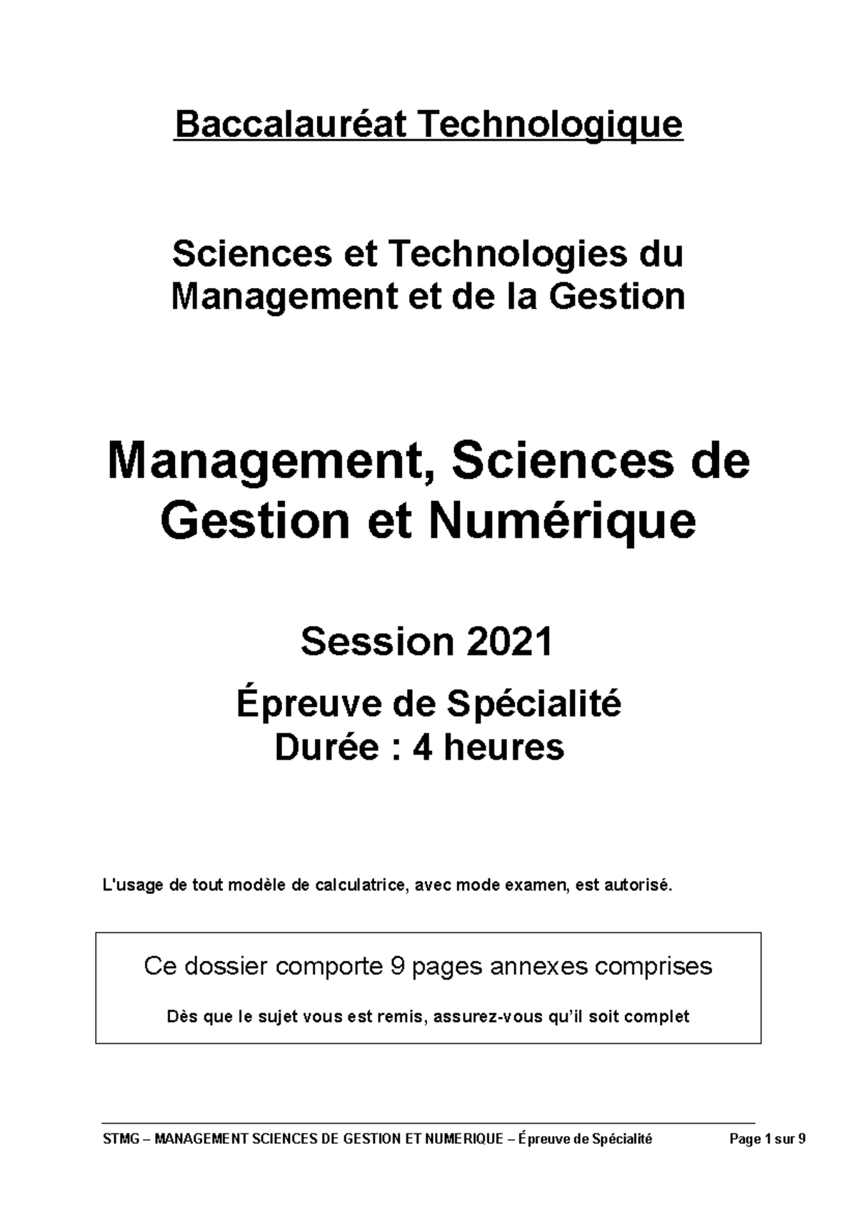 STMG Management et Numérique - Épreuve de Spécialité 2021 - Studocu