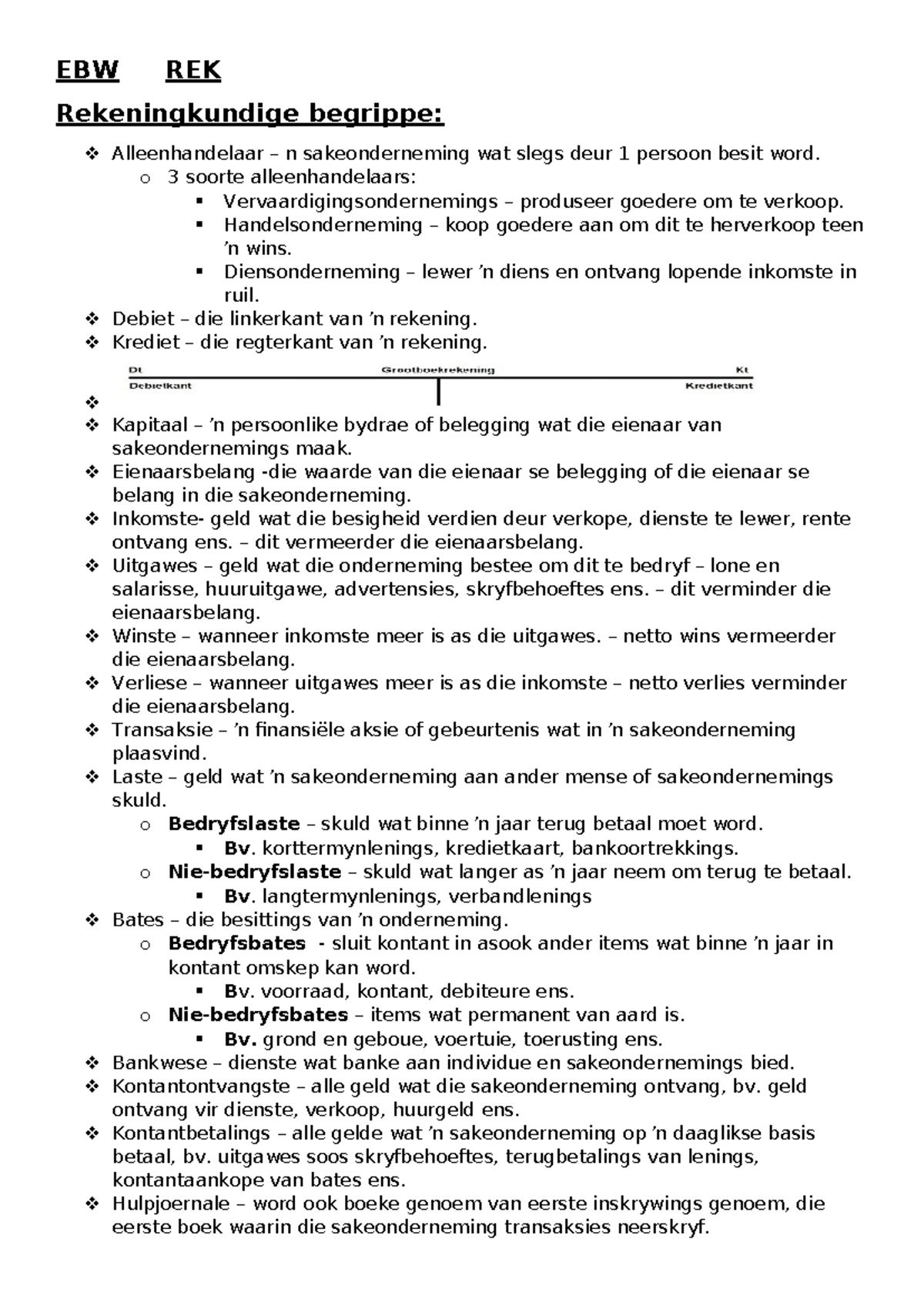 EBW REK Opsommings: Rekeningkundige Begrippe en Transaksies - Studocu