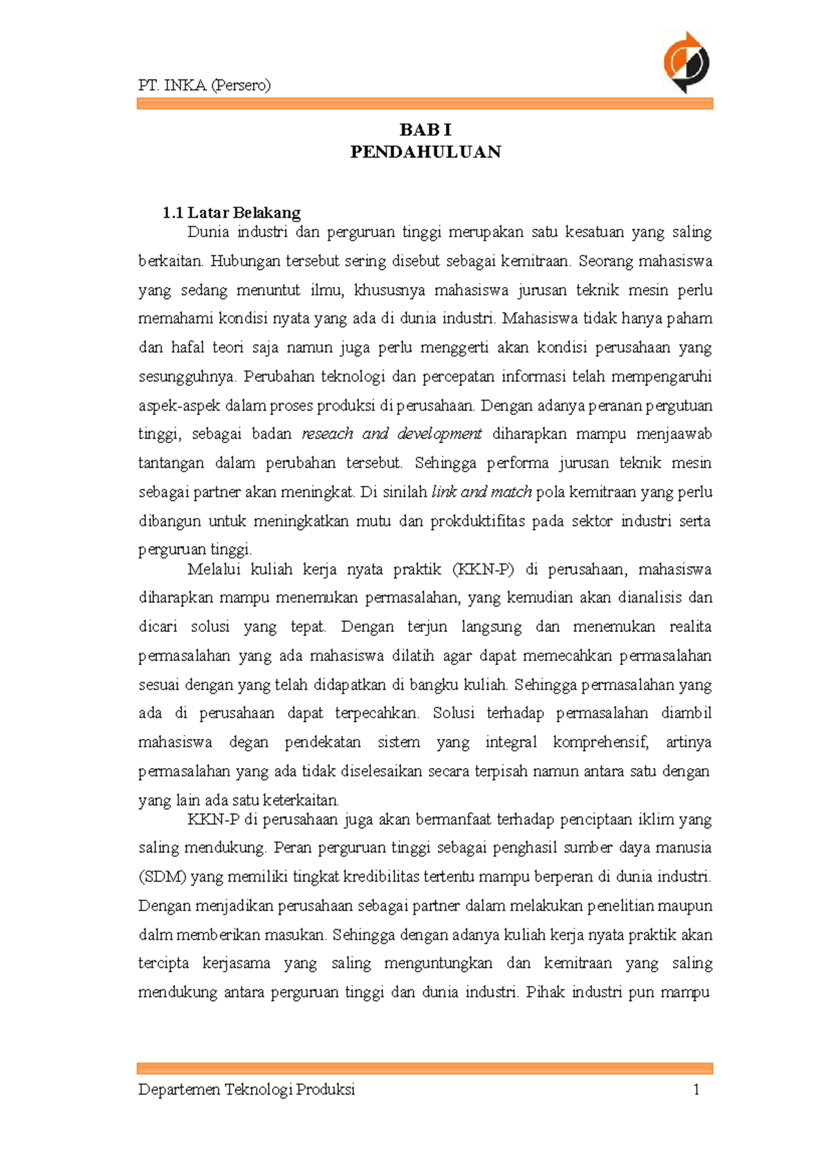 Laporan KKN-P PT INKA (Persero) - Teknik Mesin Universitas Brawijaya ...