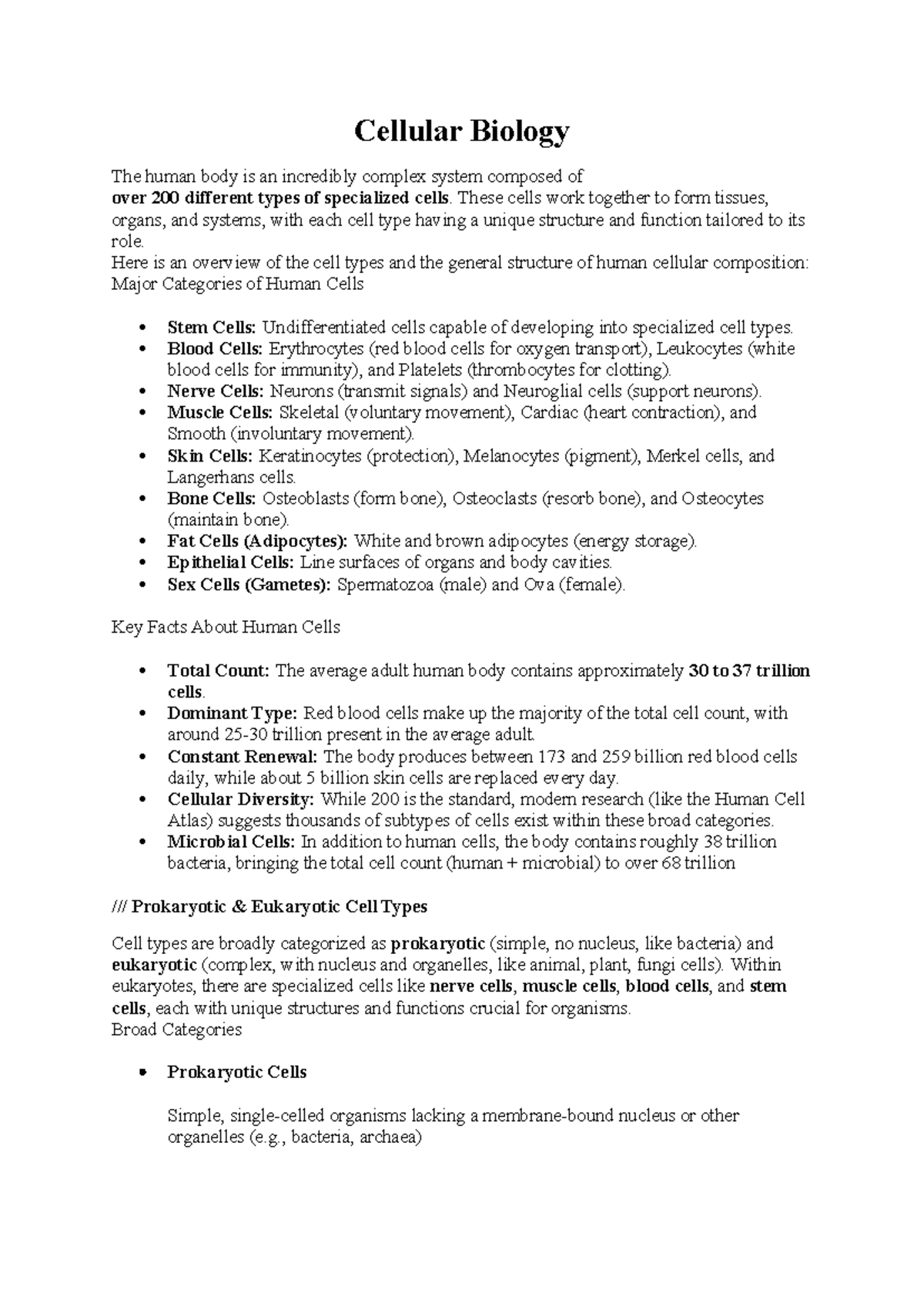 Cellular Biology: Overview of Human Cell Types and Functions - Studocu