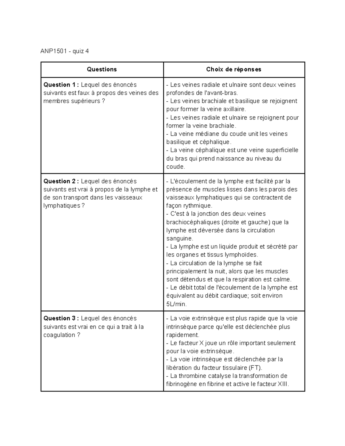 Quiz #4 ANP1501: Questions et Réponses sur le Système Circulatoire ...