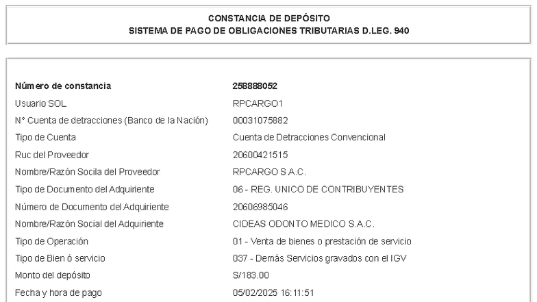 CONSTANCIA DE DEPÓSITO D.LEG. 940 - PAGO Detracciones CIDEAS - Studocu