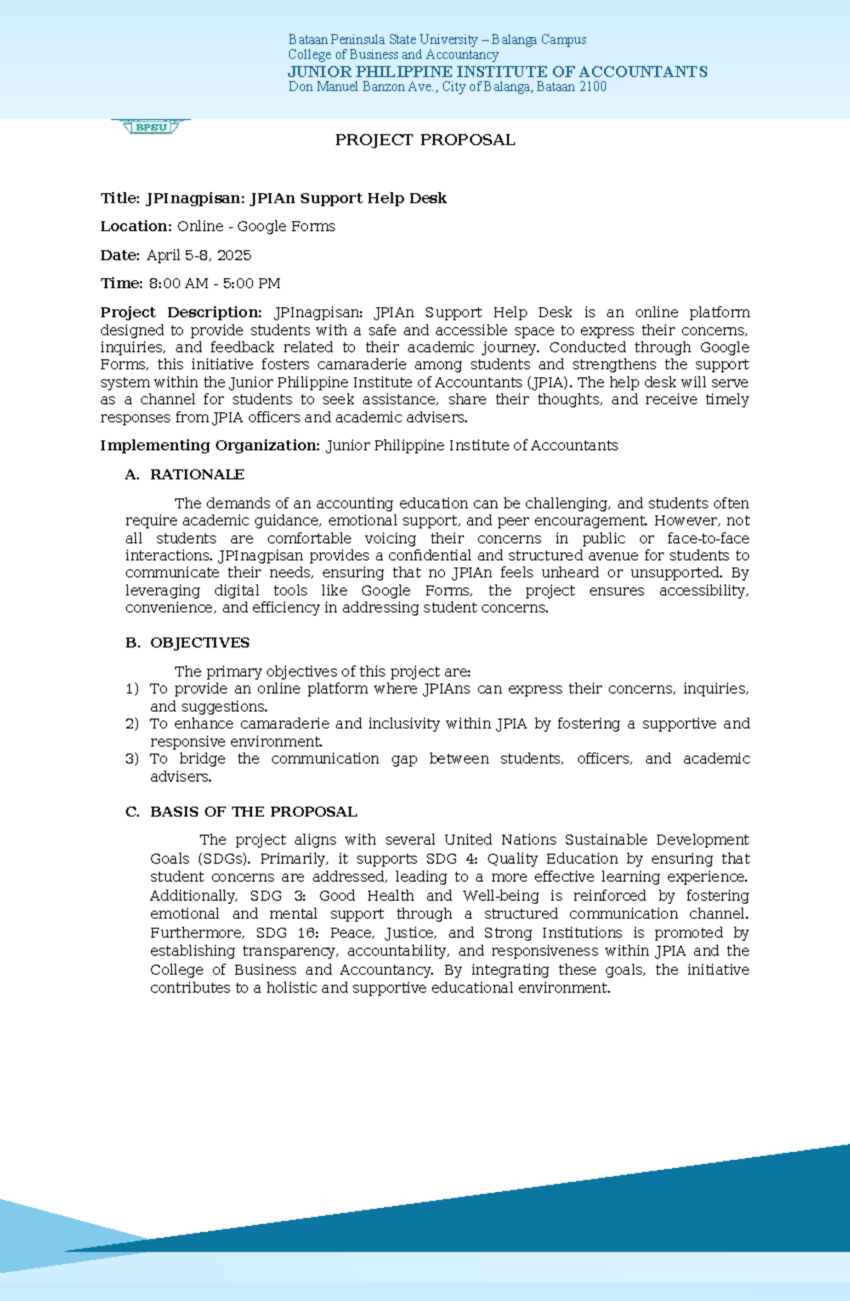Project Proposal: JPInagpisan Help Desk Initiative for JPIA Students ...