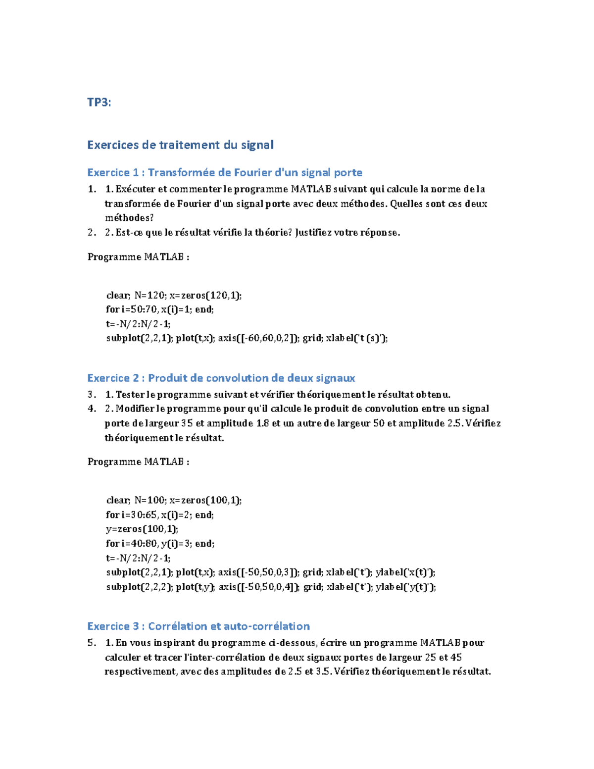 TP3: Exercices Modifiés en Traitement du Signal avec MATLAB - Studocu