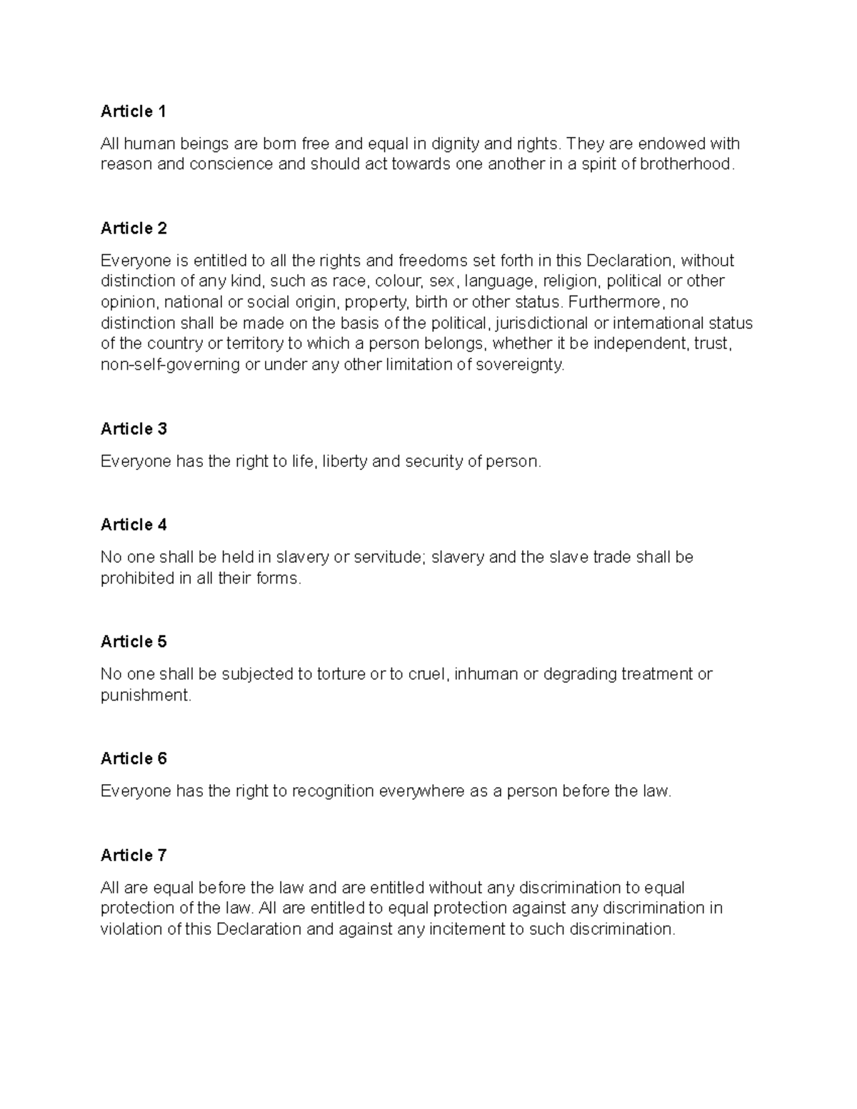 Human Rights Declaration: Articles 1-27 Overview - Studocu