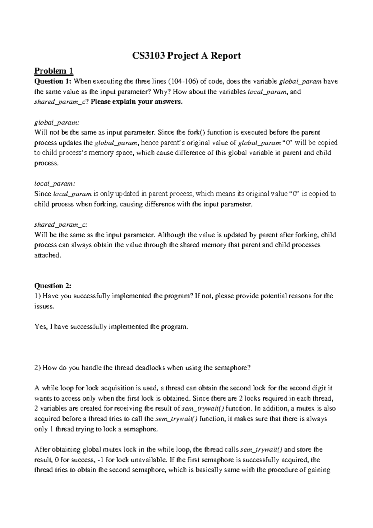 CS3103 Project A Report: Semaphore and Thread Synchronization ...
