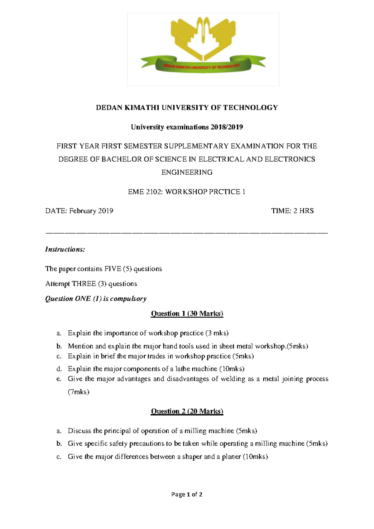 EME 2102: Workshop Practice Supplementary Exam - Feb 2019 - Studocu