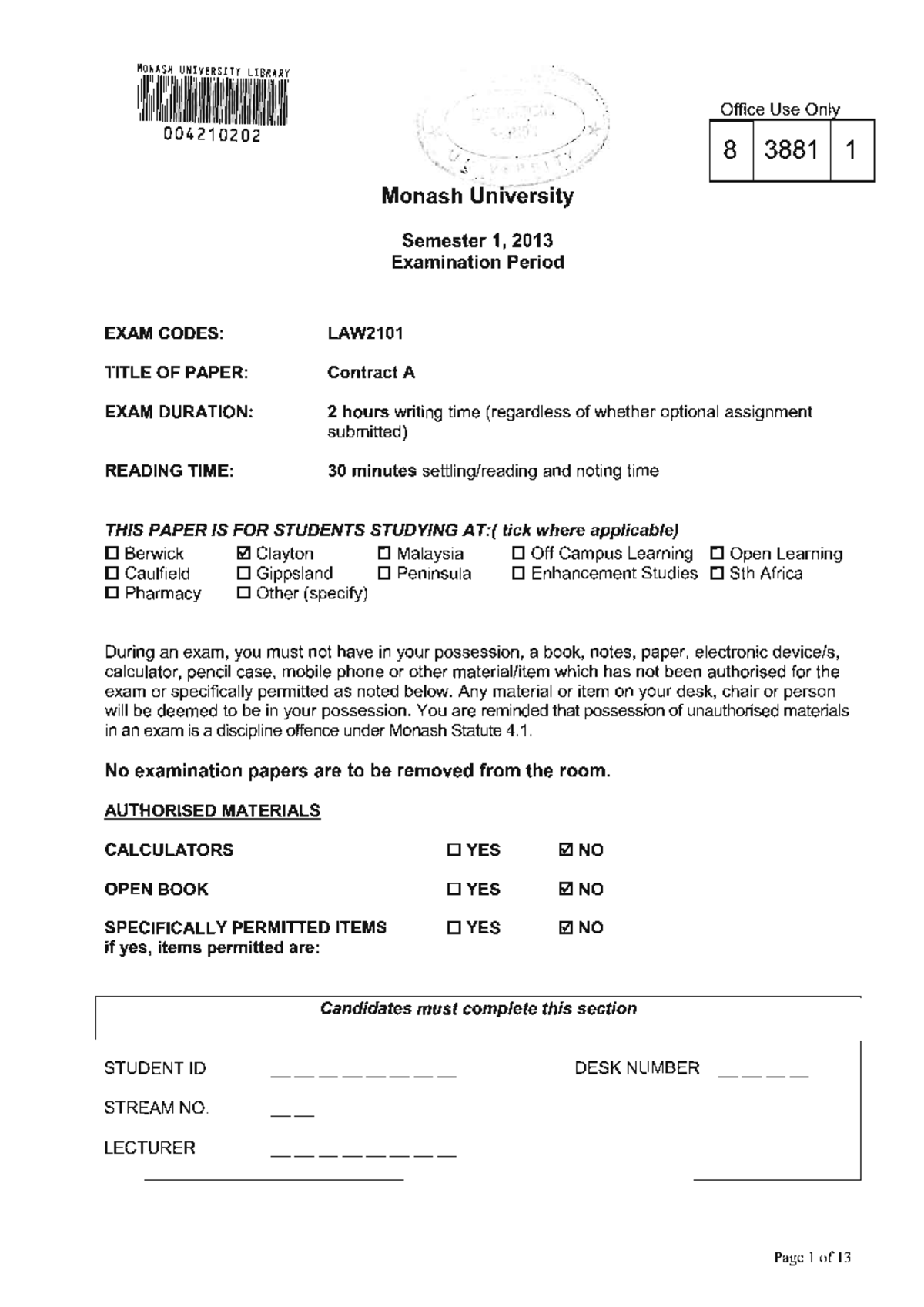 2013 S1 - LAW2101 Contract Law Practice Exam - Studocu