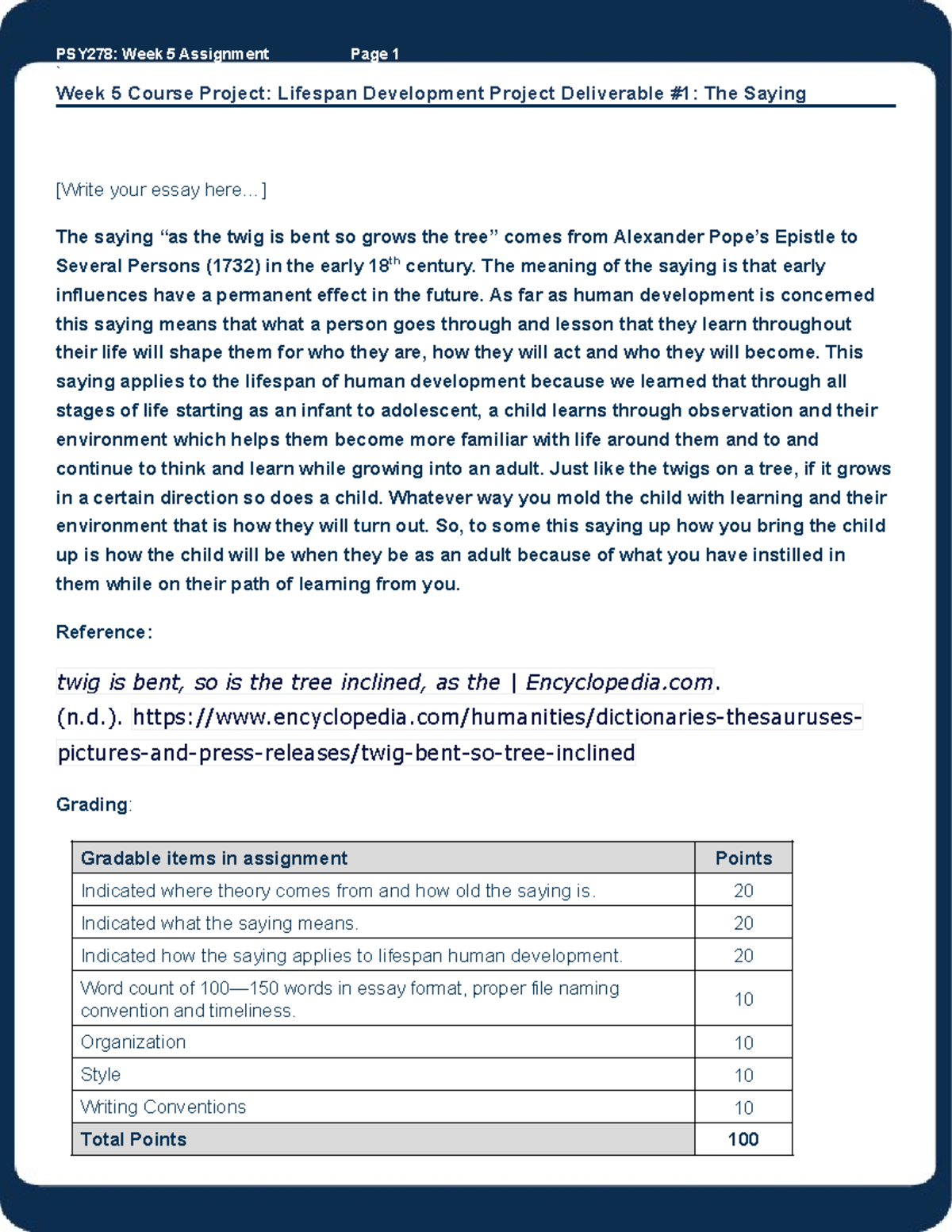 PSY278: Week 5 Lifespan Development Project Essay Assignment - Studocu