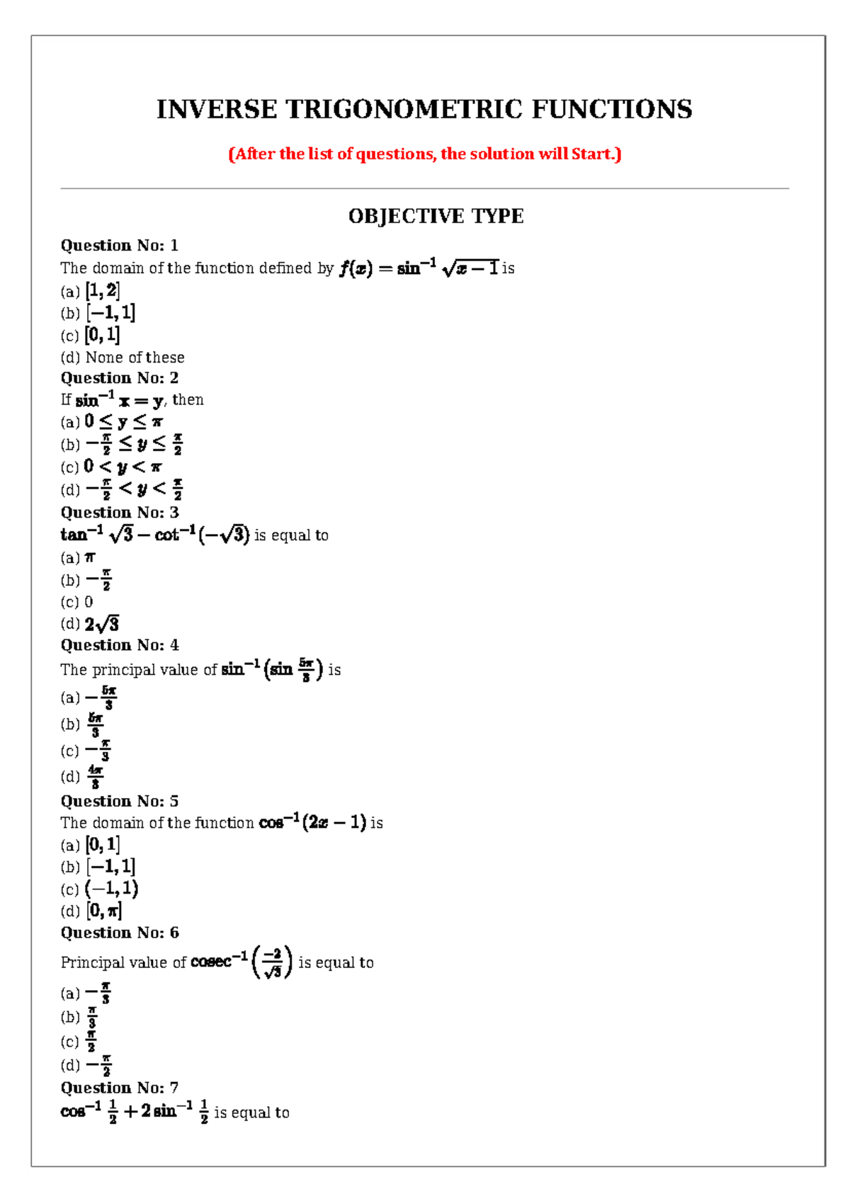 MATH 101: Inverse Trigonometric Functions Quiz Solutions - Studocu
