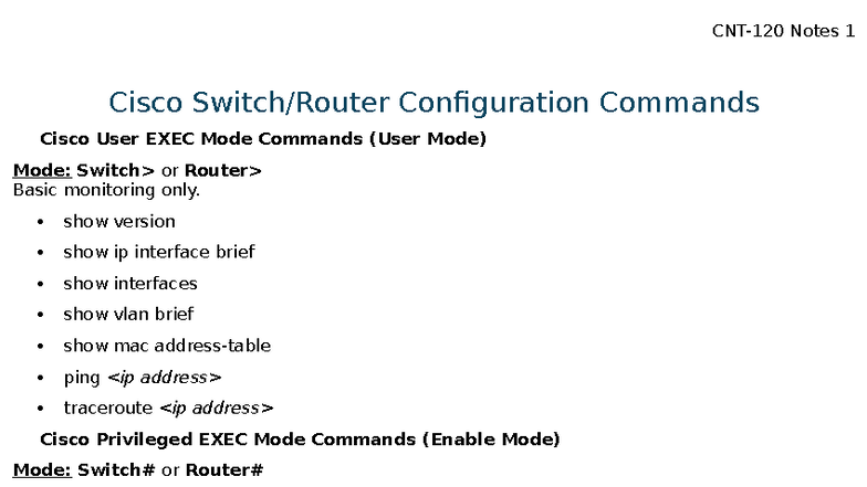 CNT 120 Cheatsheet: Cisco Configuration Commands Overview - Studocu