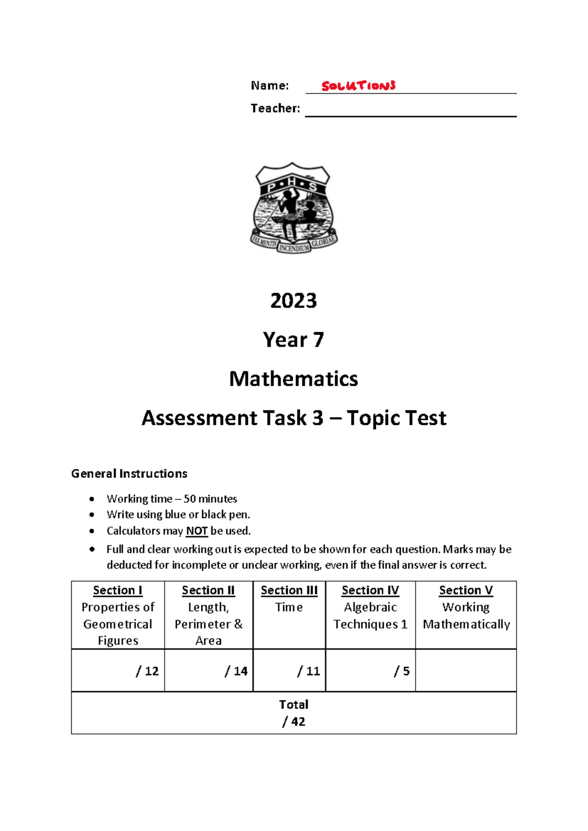 07 SN T3 2023 Task 3 Topic Test - Name: Teacher: 2023 Year 7 ...