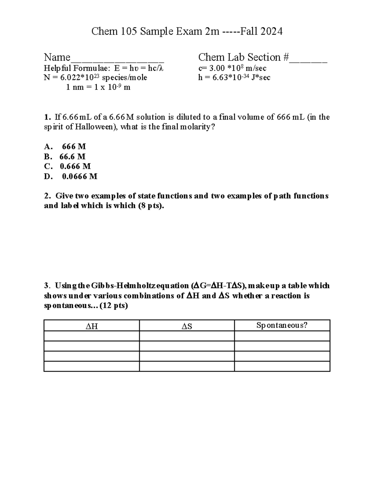 Chem 105 Sample Exam 2 - Fall 2024: Key Formulae & Concepts - Studocu