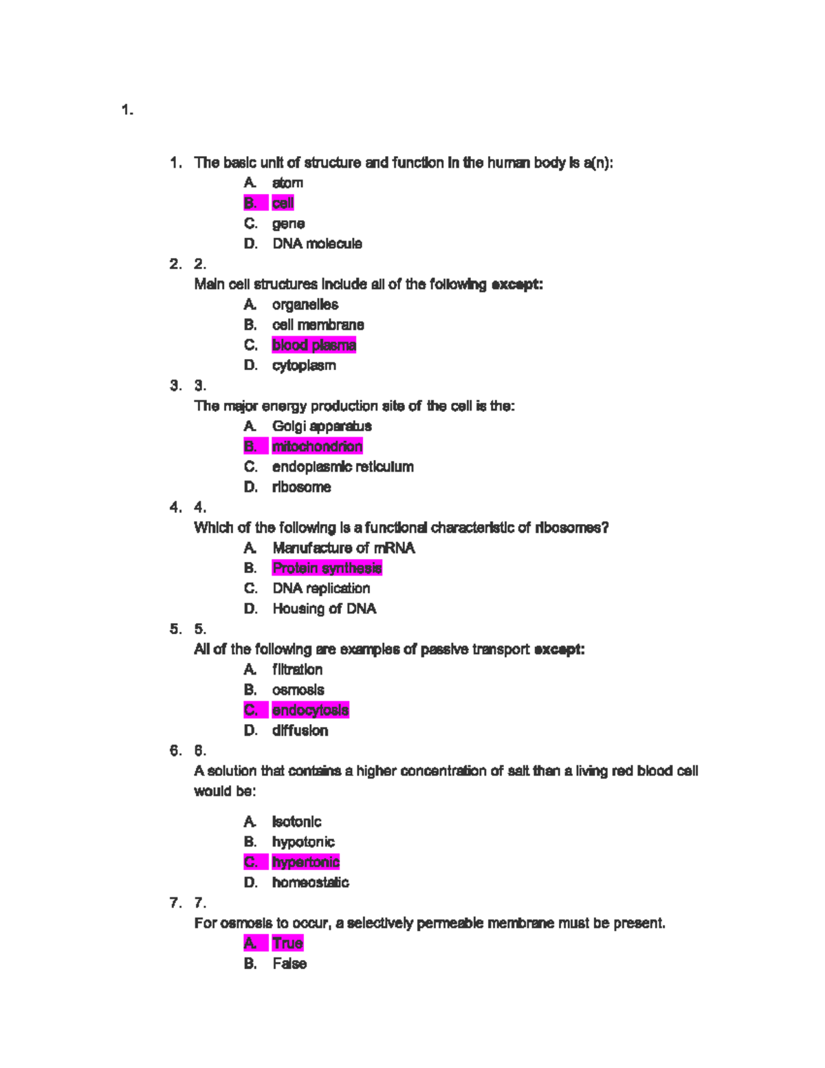 Bio 101: Cells Self-Review Quiz 1 - Studocu