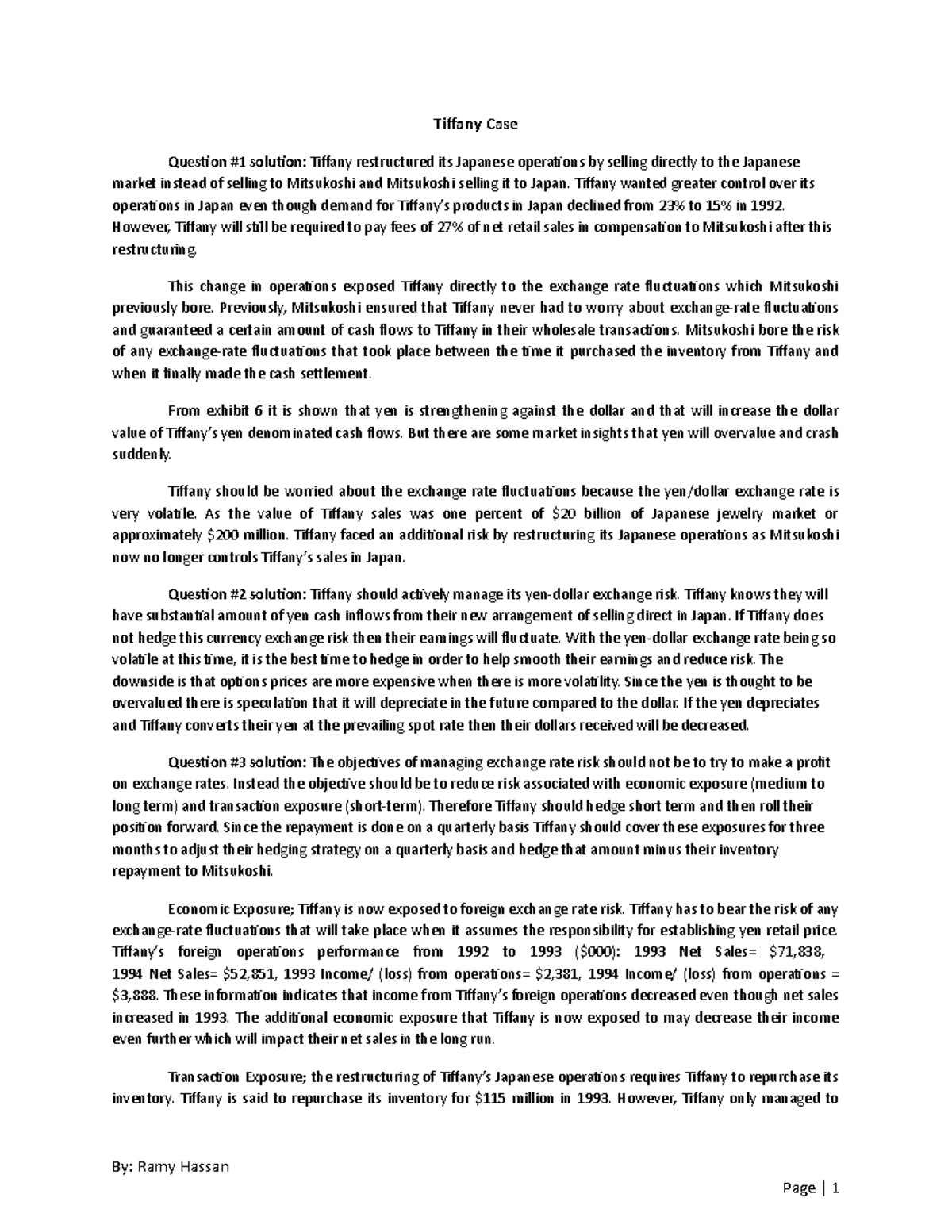 Tiffany Case Analysis - Tiffany Case Question #1 solution: Tiffany ...