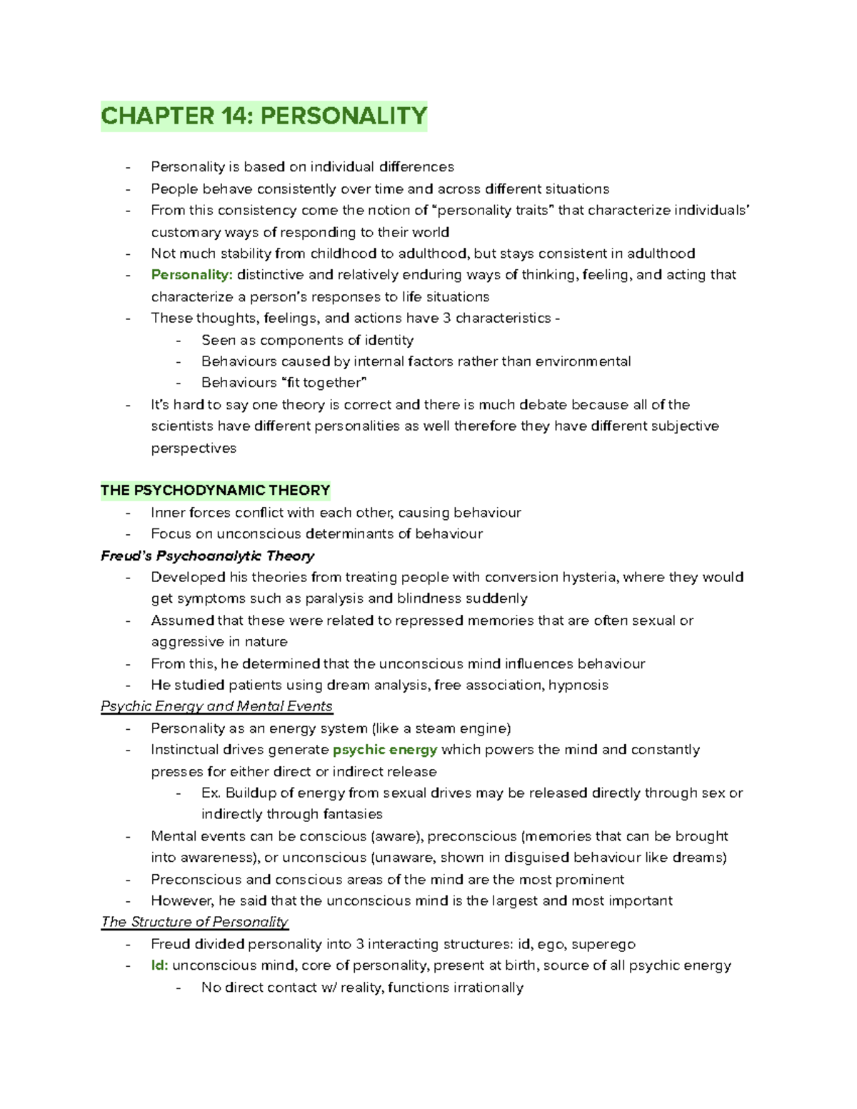 Chapter 14 Personality - CHAPTER 14: PERSONALITY Personality is based ...