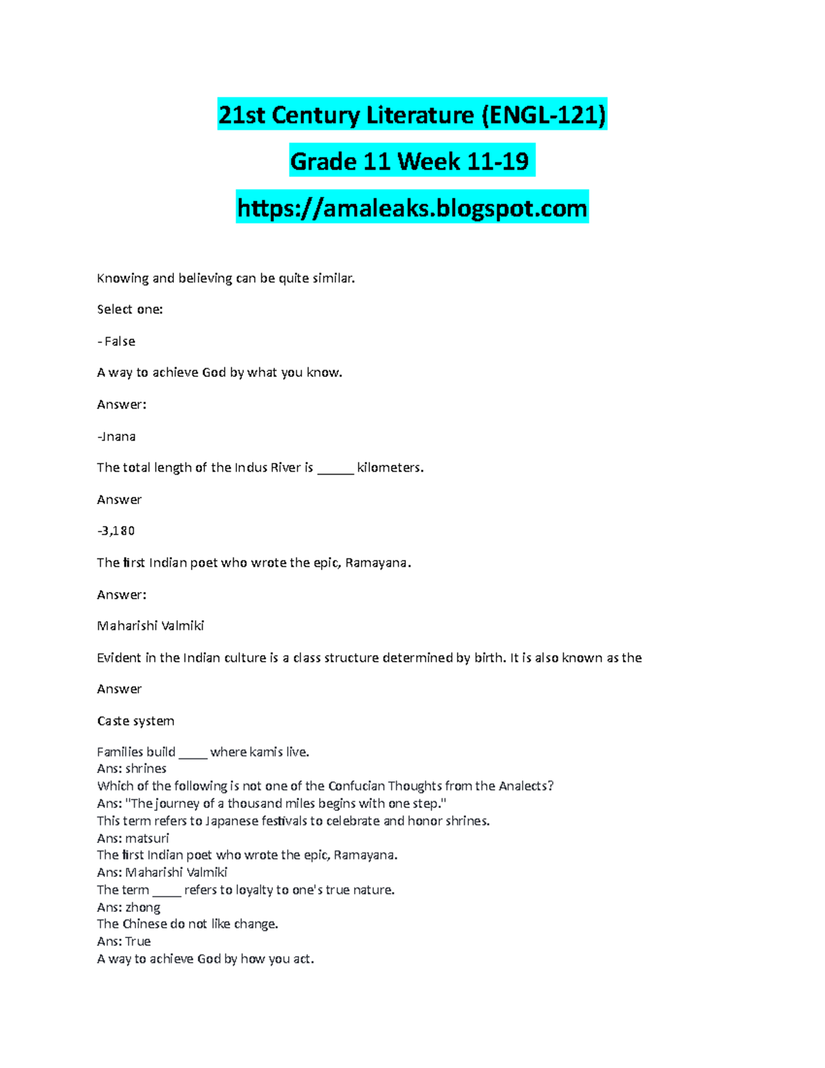 21st Century Literature Review (ENGL-121) - Grade 11 Week 11-19 Guide ...
