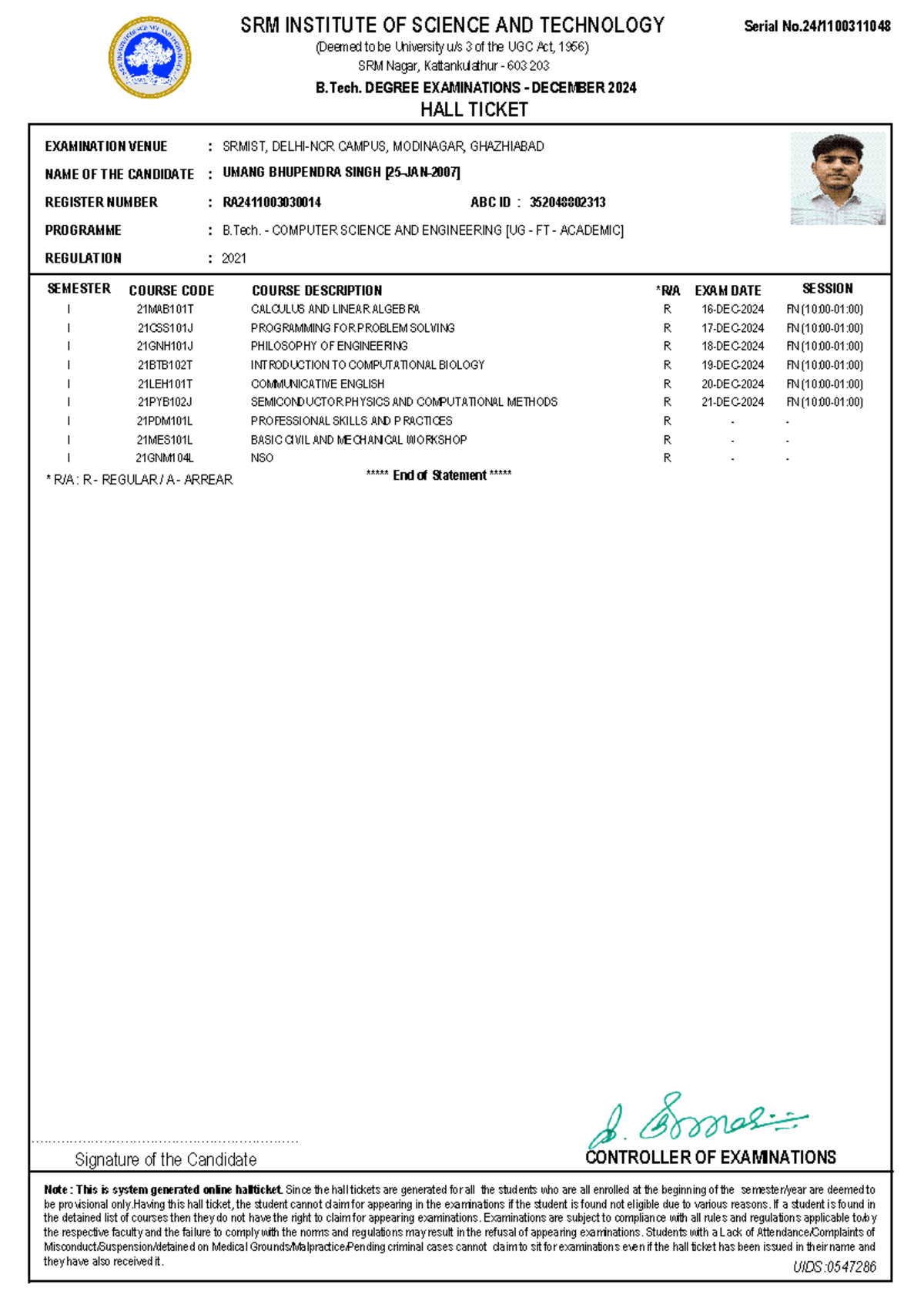 Student Hallticketinner.jsp - SRM INSTITUTE OF SCIENCE AND TECHNOLOGY (Deemed to be University u ...