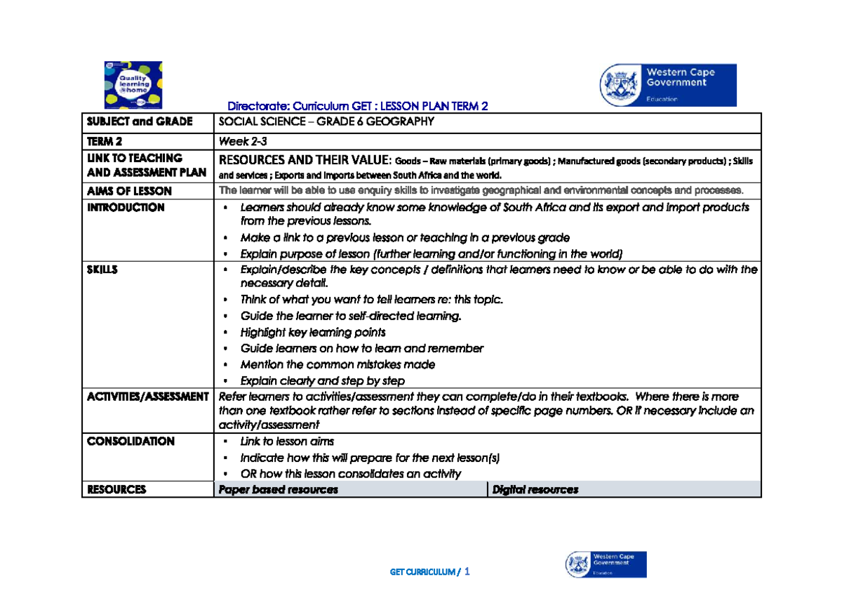 Grade 6 SS GET: Term 2 Geography Lesson Plan on Resources - Studocu