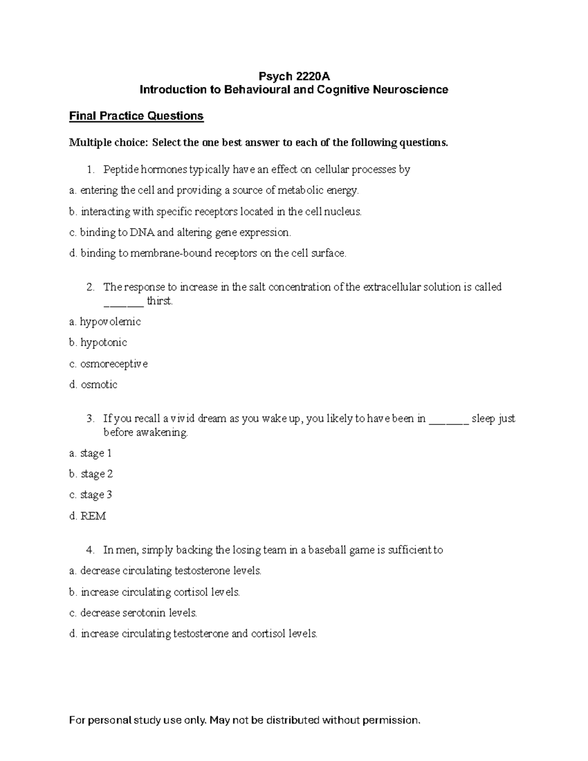 Psych 101: Final Exam Practice on Behavioural & Cognitive Neuroscience ...