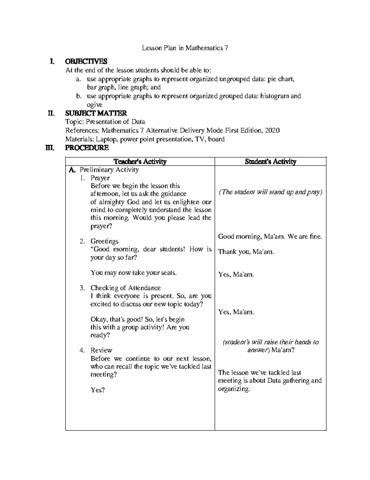 Mathematics 7: Lesson Plan on Data Presentation Techniques - Studocu