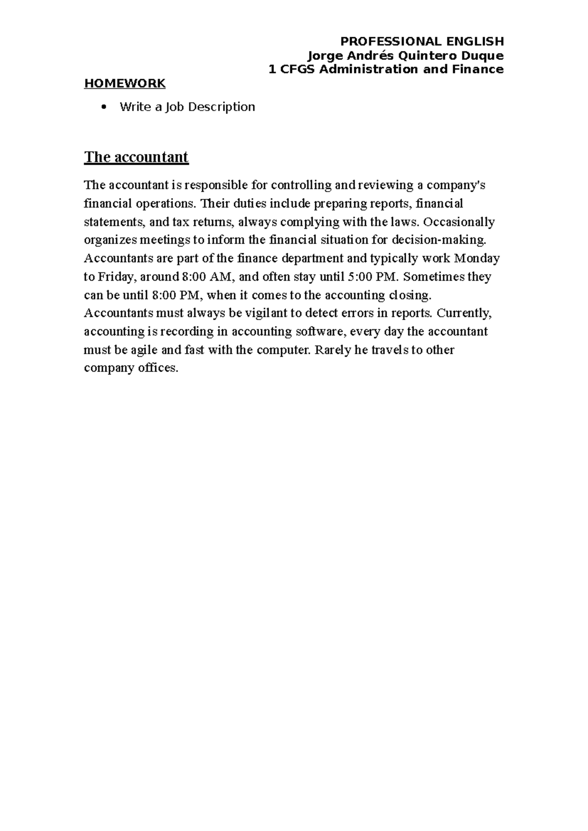 JOB DESCRIPTION: Accountant Role - CFGS Administration & Finance - Studocu