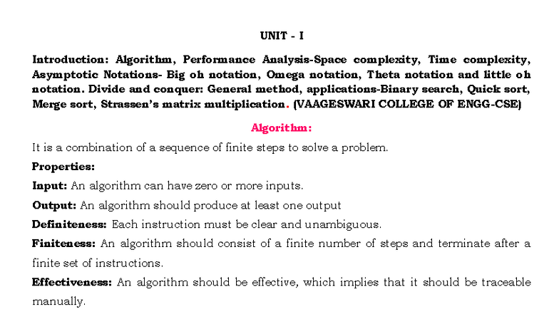 DAA - Unit I: Introduction to Algorithms & Divide and Conquer Techniques - Studocu