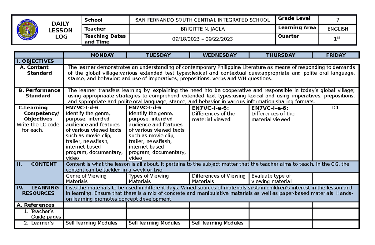 Grade 7 Lesson 4: Understanding Genres of Viewing Materials - Studocu