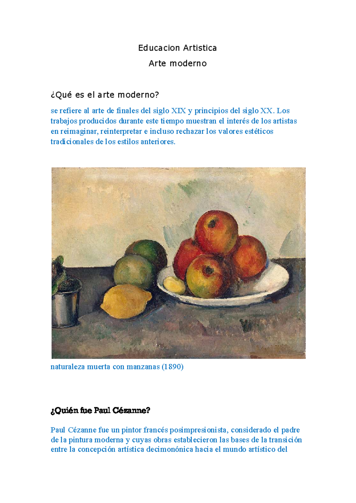 Educación Artística: El Arte Moderno y su Evolución - Studocu