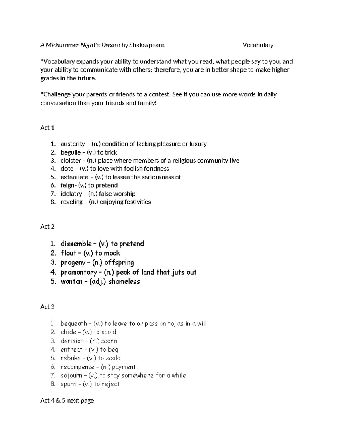 A Midsummer Night's Dream Vocabulary: Acts 1-5 Study Guide - Studocu