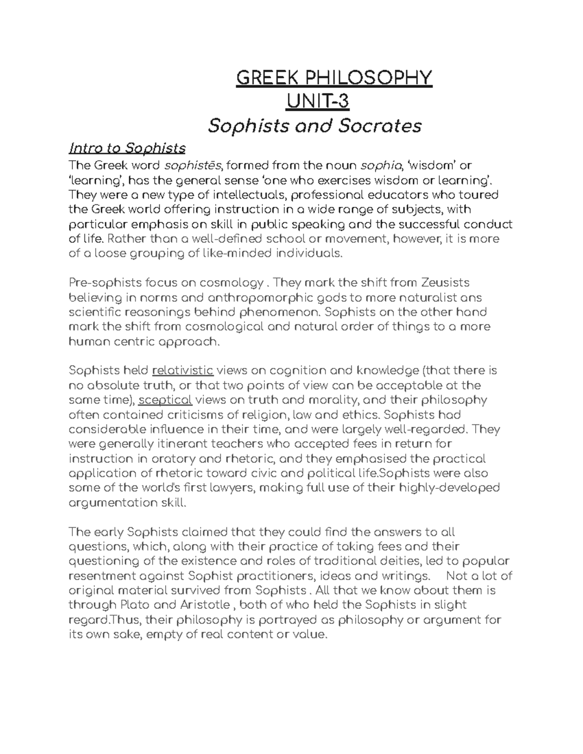 Greek Philosophy [Sem II] [Unit 3]: Sophists and Socrates Overview ...