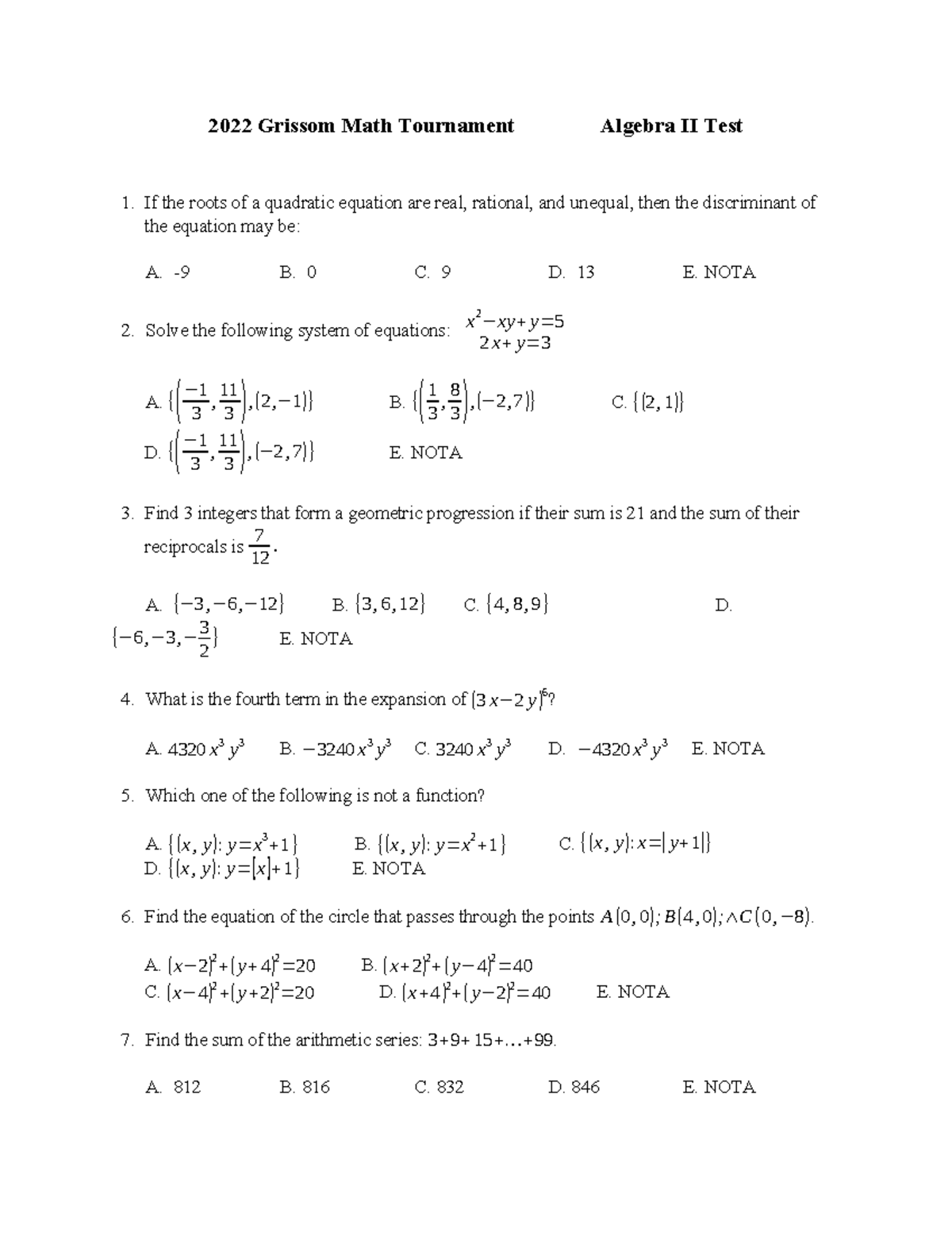 2022 Algebra II Tournament Test 1 Solutions and Problems - Studocu