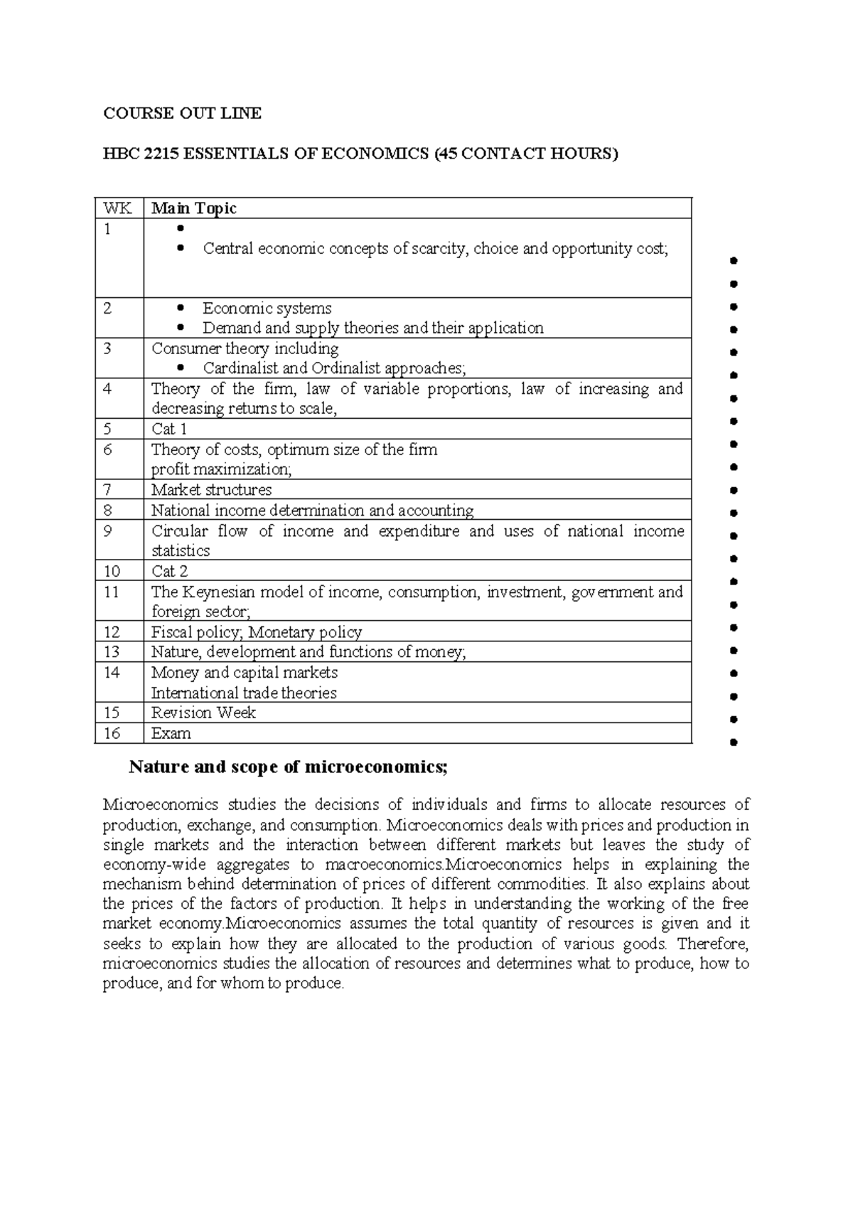 HBC 2215 Essentials of Economics Course Outline and Key Concepts - Studocu