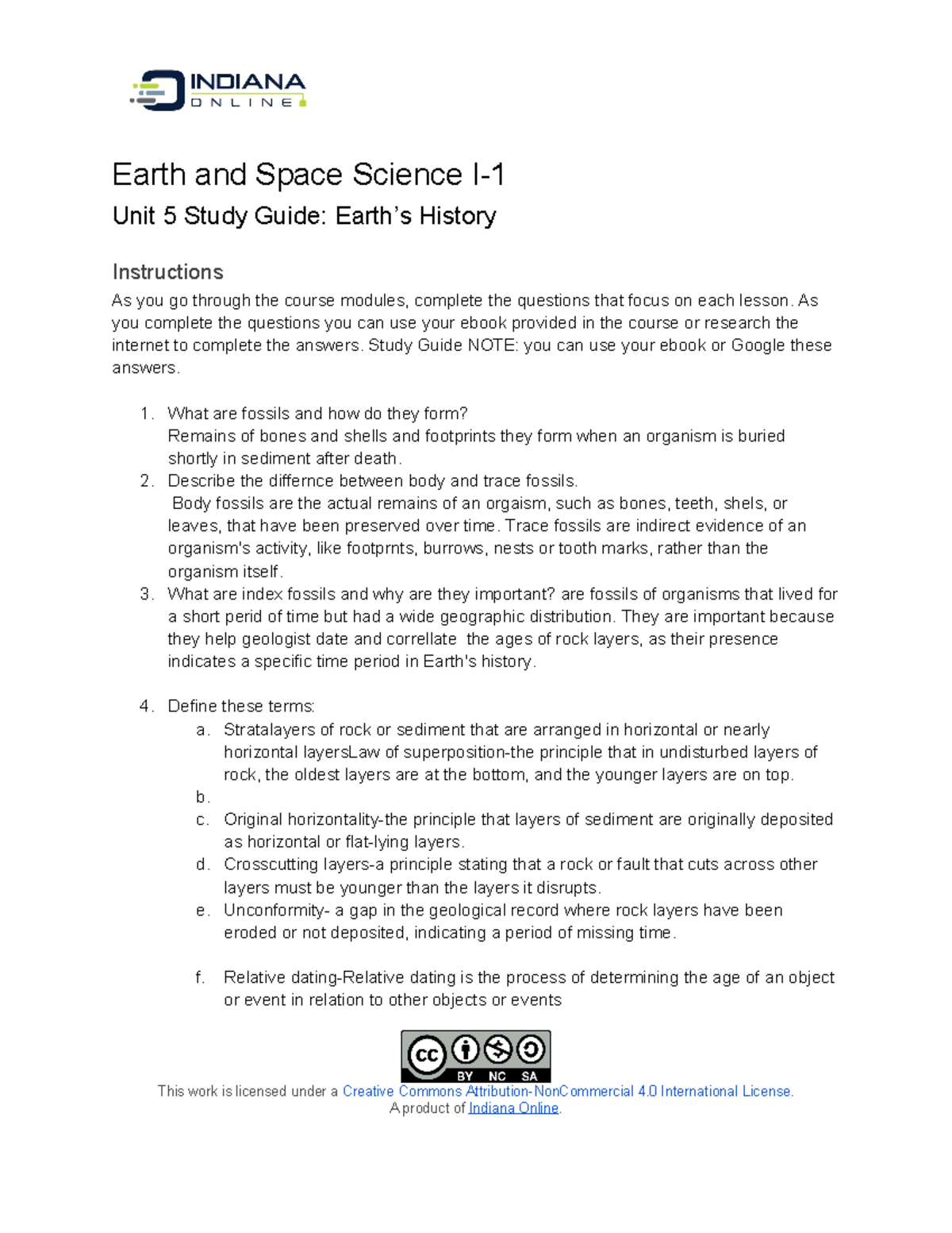 Copy of Unit 5 Study Guide Earth's History - Earth and Space Science I ...