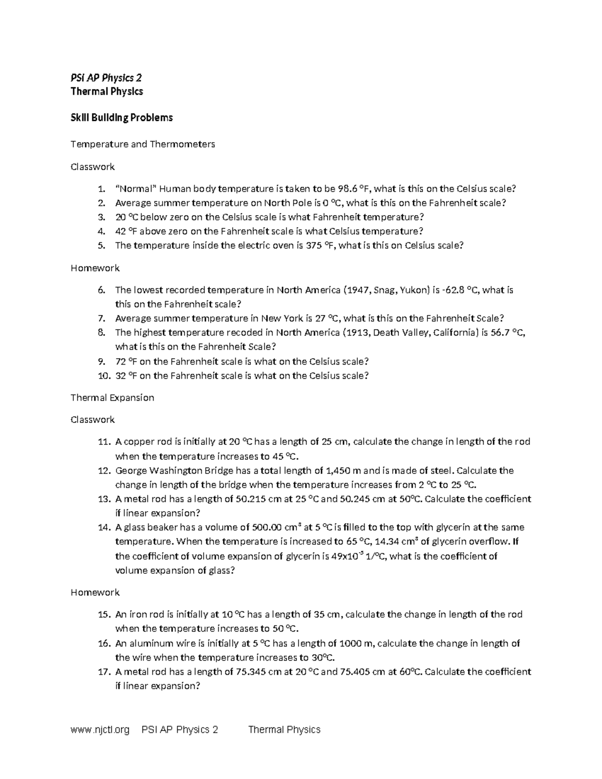 PSI AP Physics 2 Thermal Physics Skill-Building Problems and Classwork ...