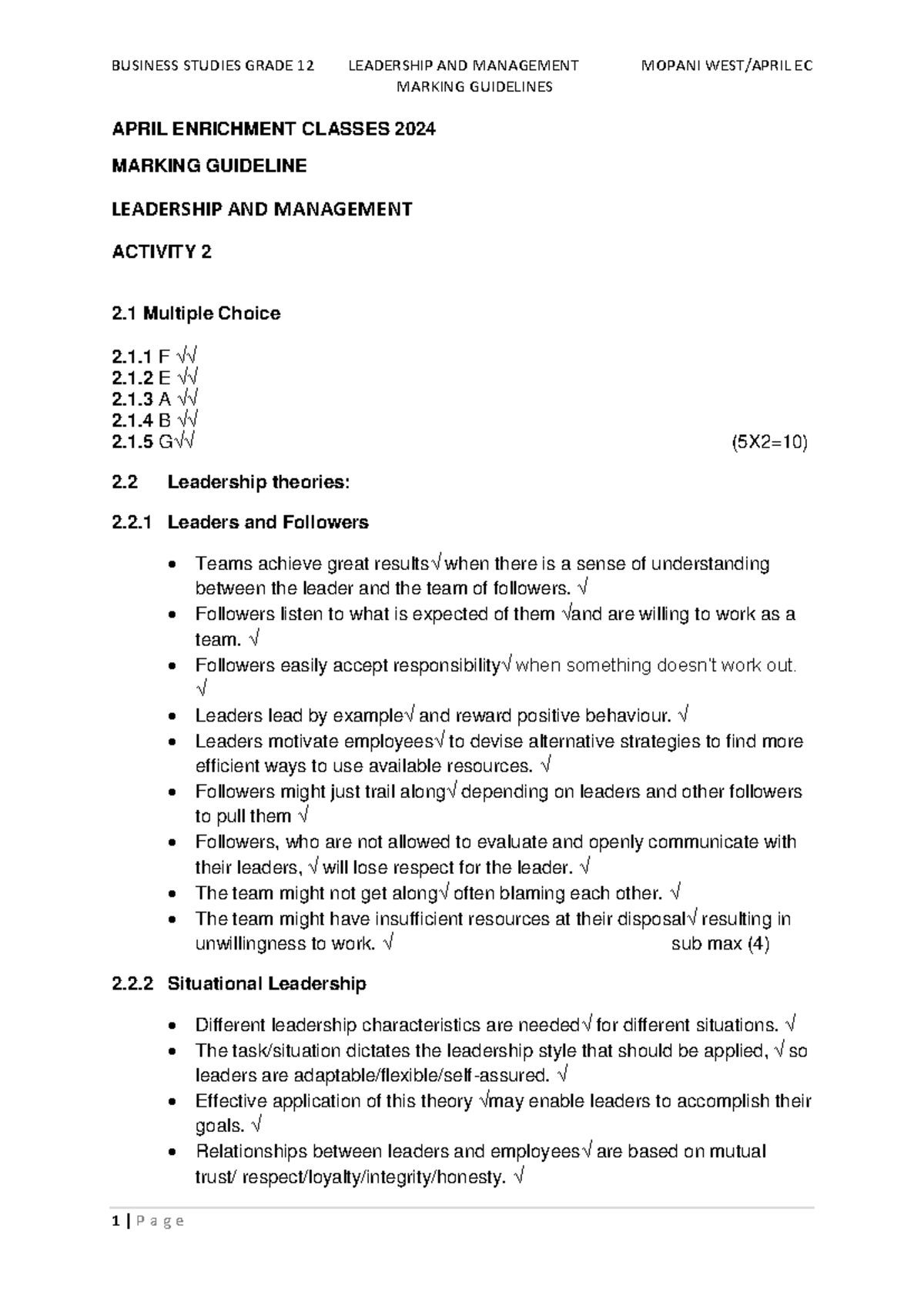 BUSINESS STUDIES GRADE 12 LEADERSHIP & MANAGEMENT MARKING GUIDELINES ...