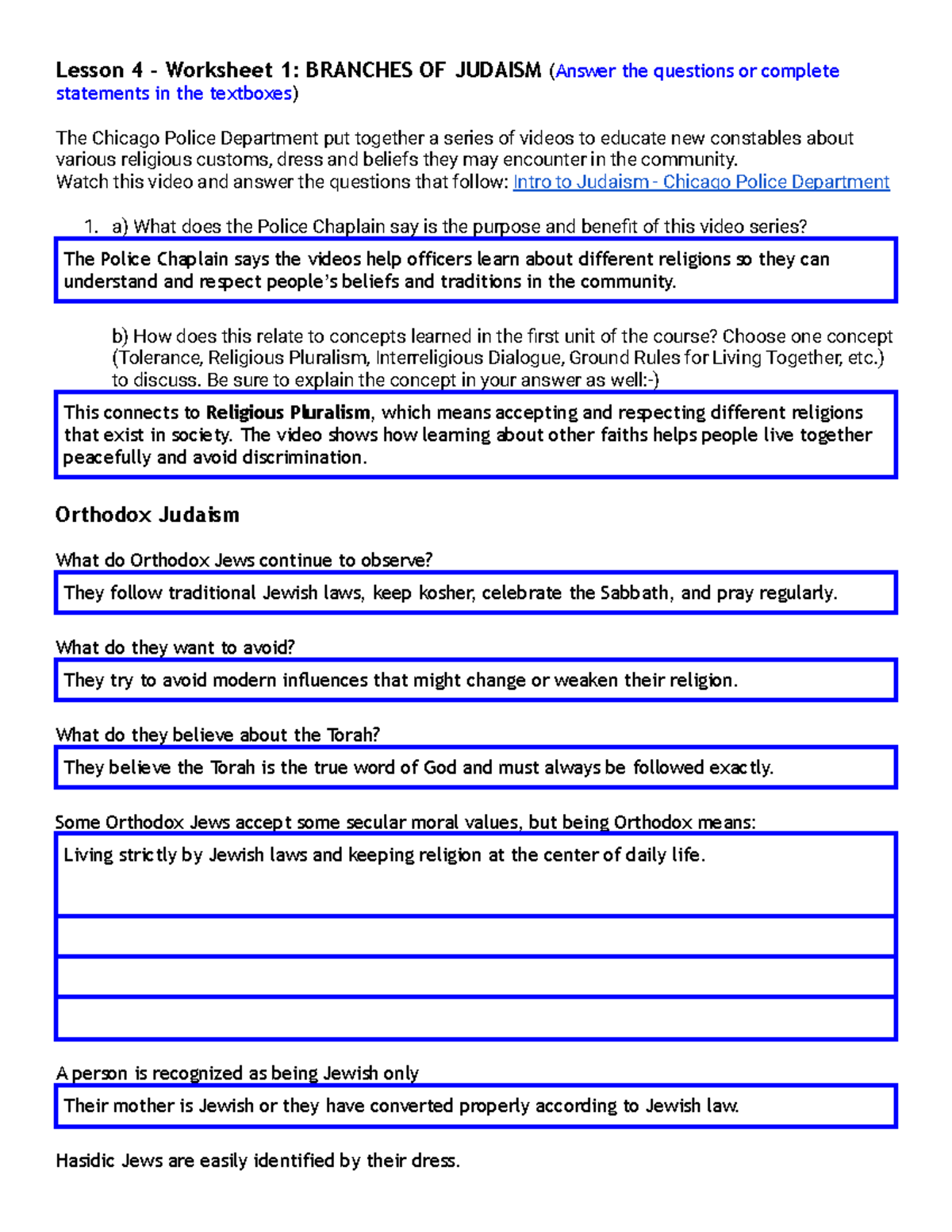 Judaism Lesson 4 Worksheet 1: Exploring Branches of Judaism - Studocu