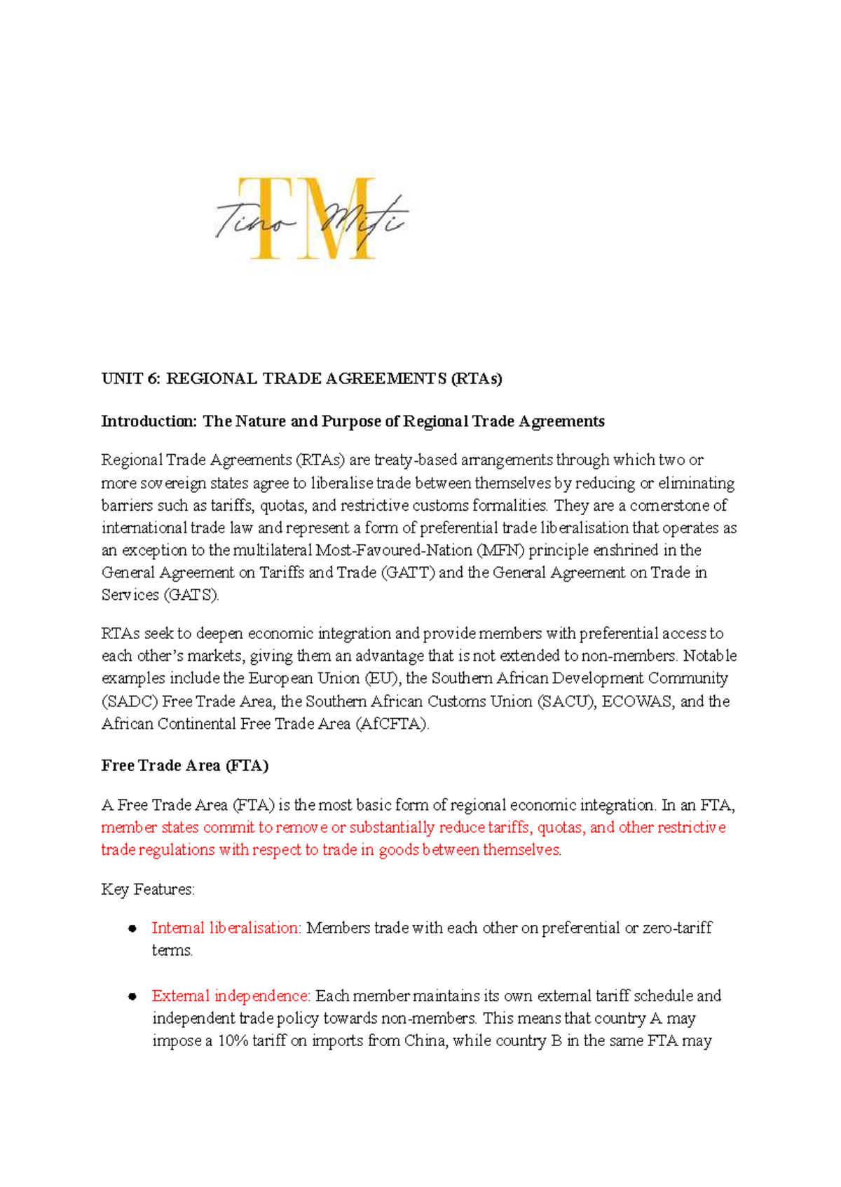 UNIT 6: REGIONAL TRADE AGREEMENTS (RTAs) Overview and Key Features ...
