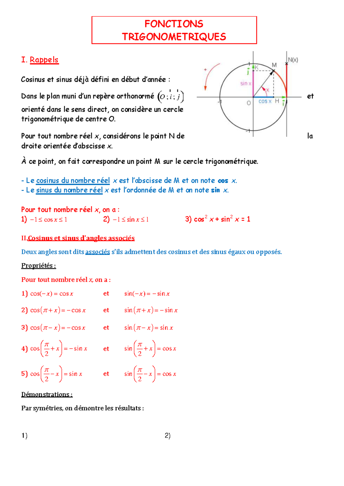 FONCTIONS TRIGONOMÉTRIQUES (Cours sur le Cosinus et Sinus) - Studocu