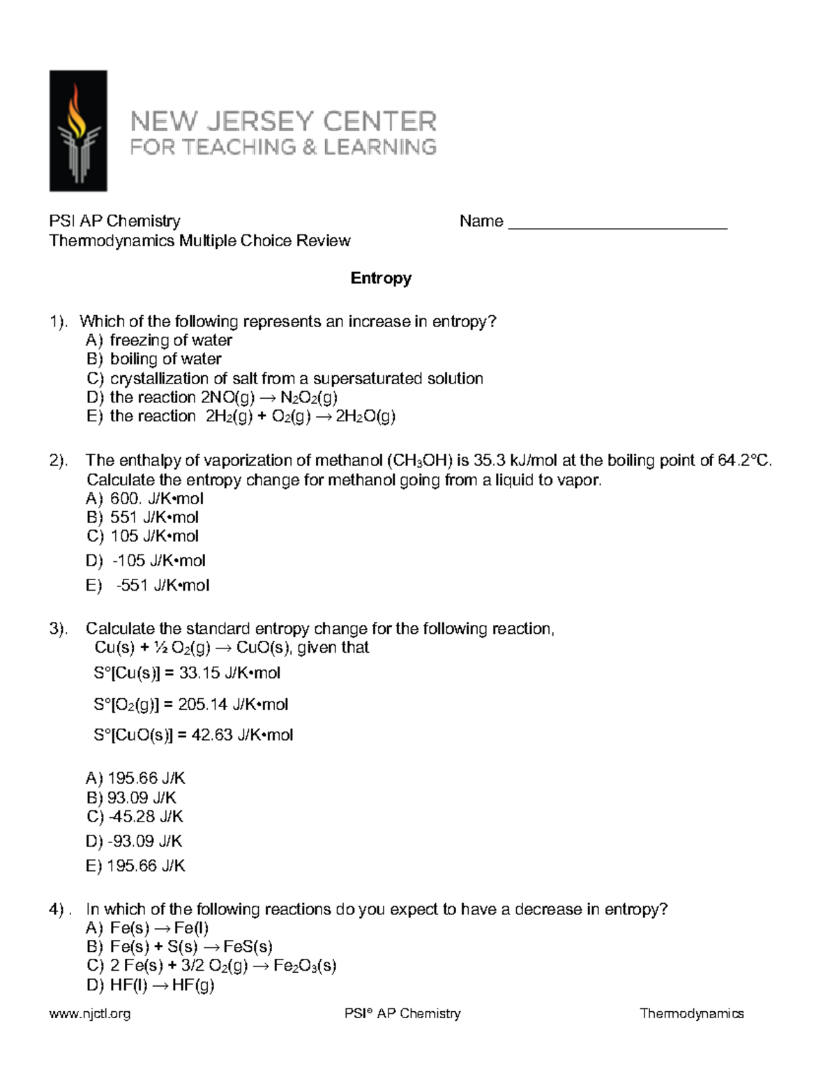 AP Chemistry Thermodynamics Multiple Choice Review - Studocu